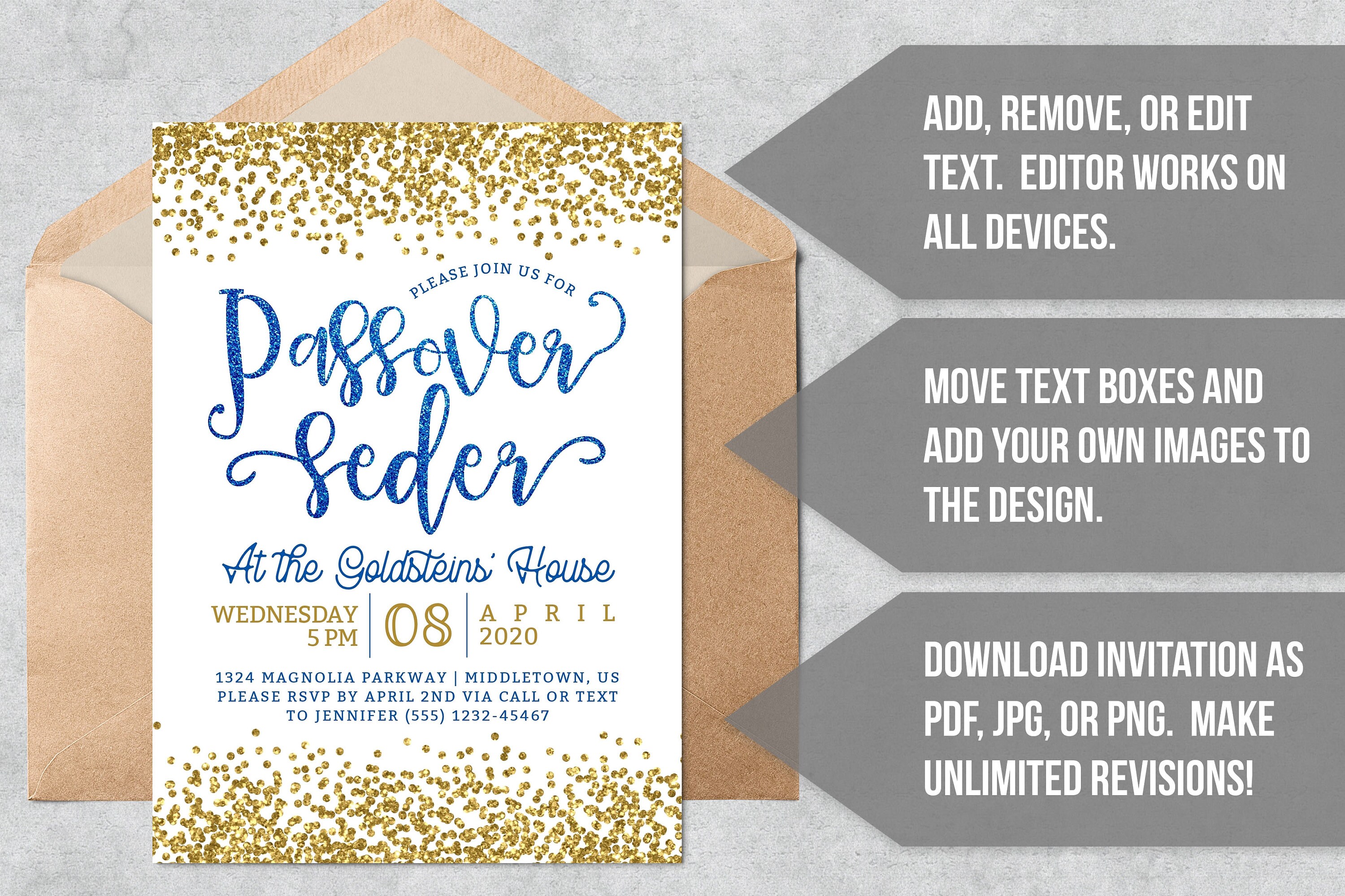 Passover Seder Invitation Blue Gold Passover Invitation - Etsy