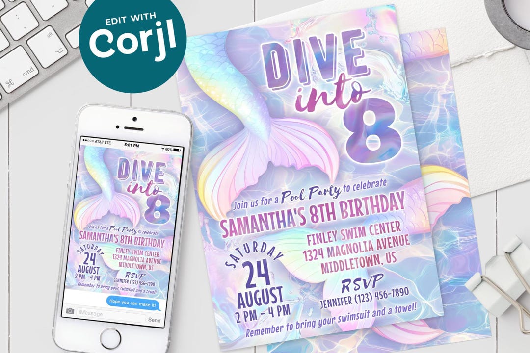 8th Birthday Mermaid Pool Party Invitation - Dive Into Eight Glam Girl ...