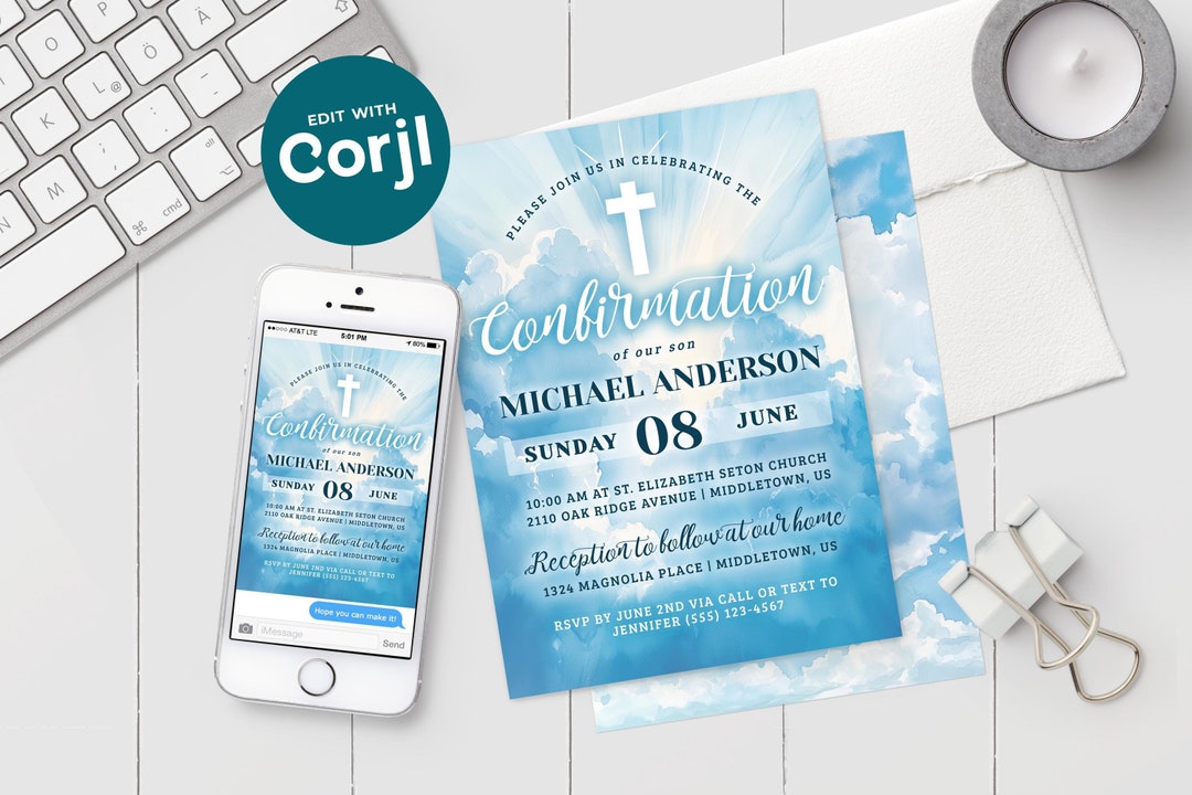 Confirmation Invitation: Clouds Cross Masculine, Digital 5x7 4x6 ...
