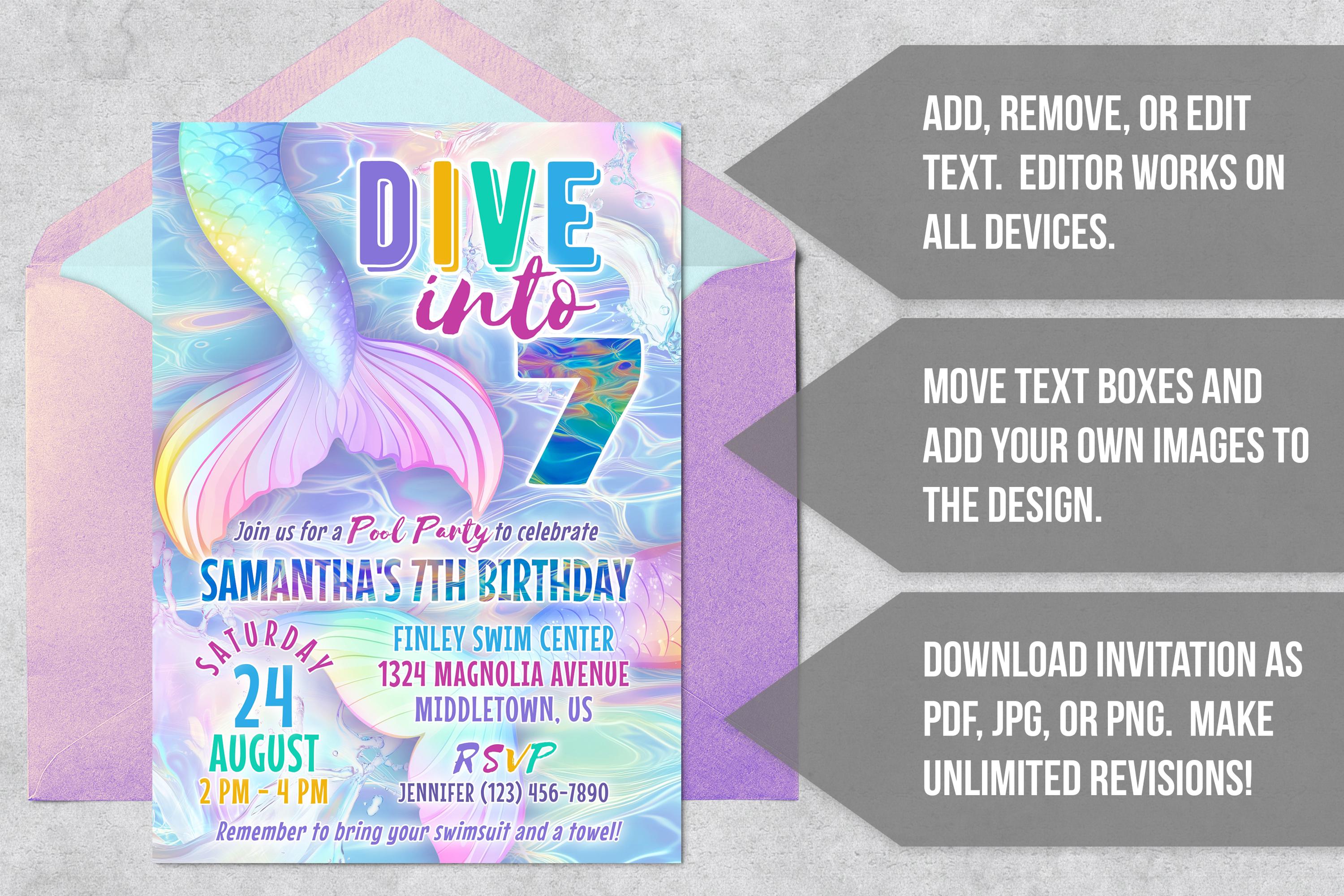 7th Birthday Mermaid Pool Party Invitation: Dive Into 7 Swim, 5x7 4x6 ...