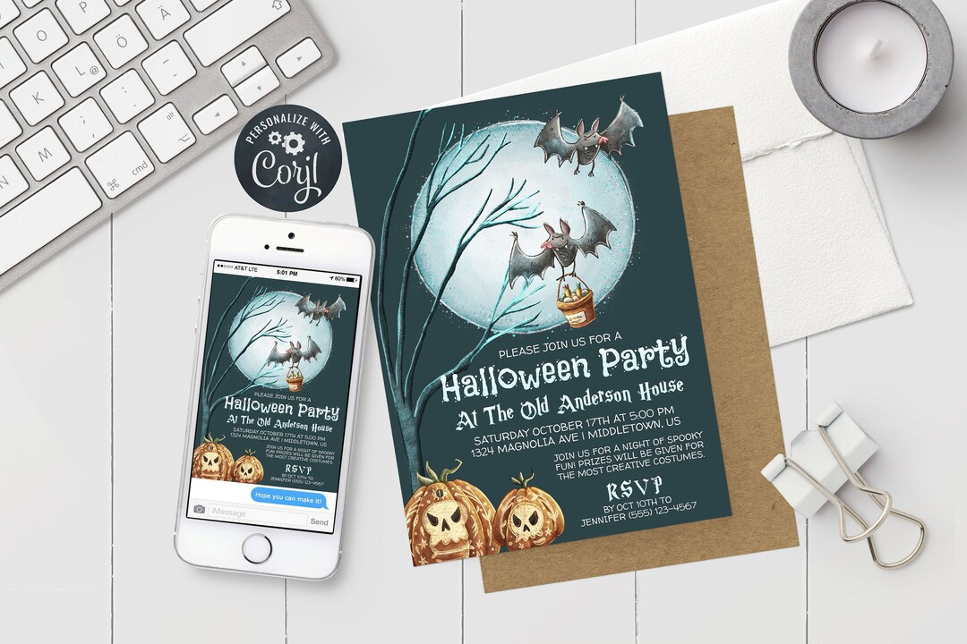 Halloween Party Invitation - Bats Pumpkins Halloween Costume Party ...