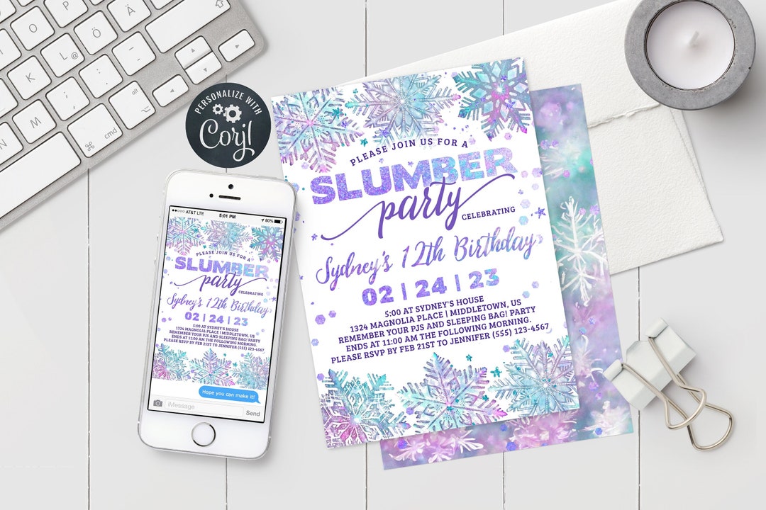 Winter Slumber Party Invitation, Sleepover Pastel Snowflake Girl Snow ...