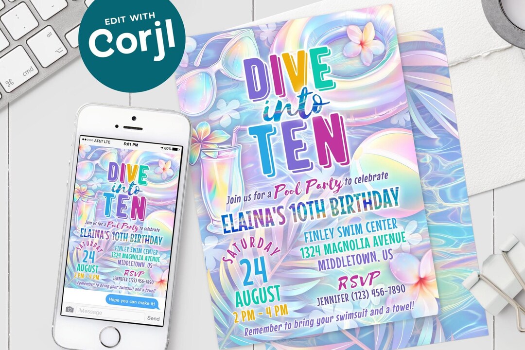 10th Birthday Pool Party Invitation: Dive Into Ten Swim, 5x7 4x6 ...