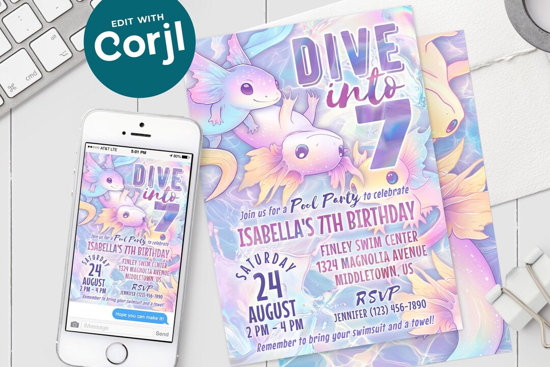 7th Birthday Axolotl Pool Party Invitation: Dive Into 7 Swim, 5x7 4x6 ...