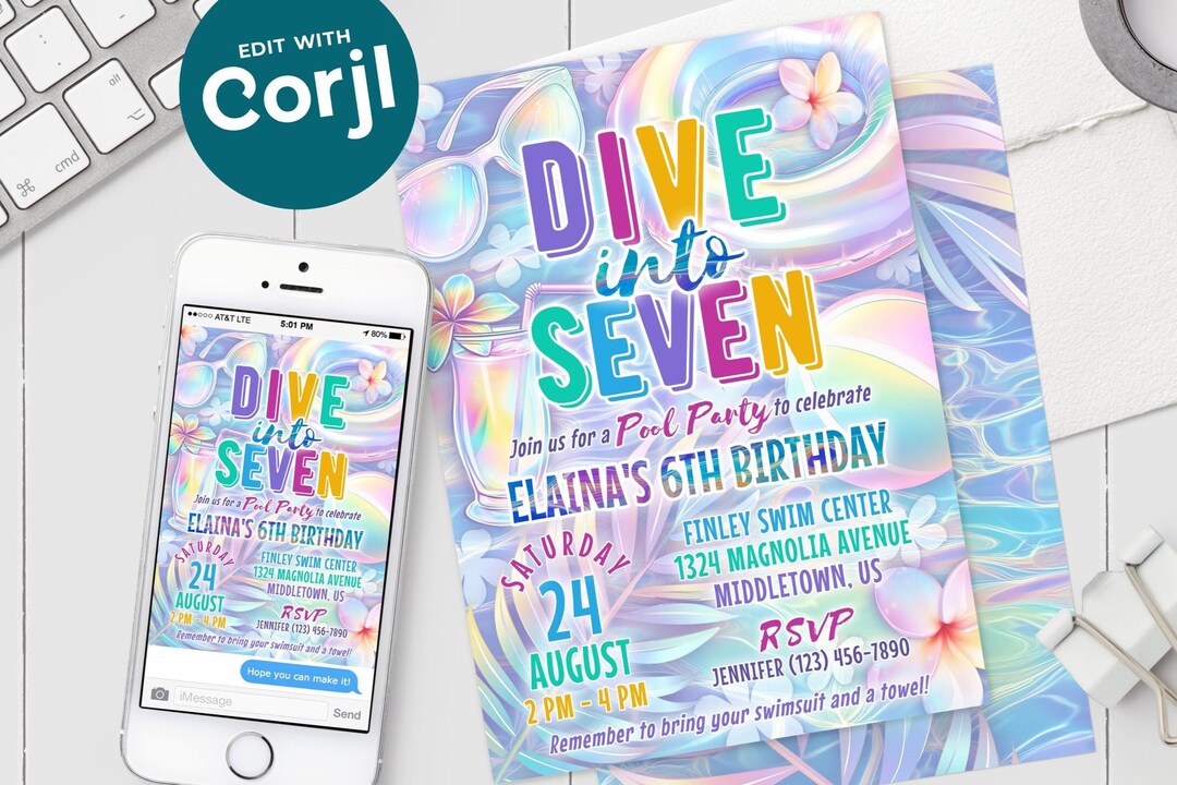 7th Birthday Pool Party Invitation: Dive Into Seven Swim, 5x7 4x6 ...