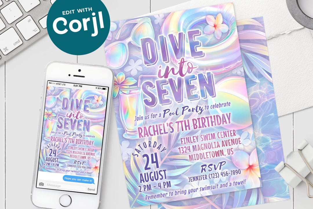 7th Birthday Pool Party Invitation: Dive Into Seven Swim, 5x7 4x6 ...