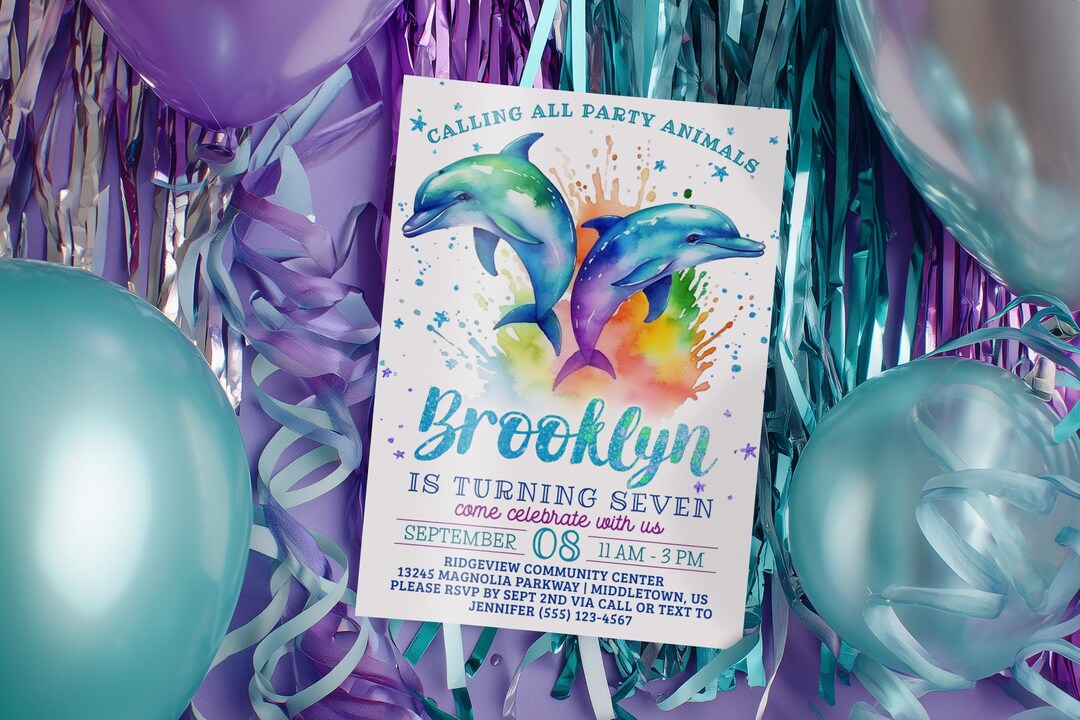 Rainbow Dolphins Birthday Invitation, Digital Invite 5x7 4x6 Printable ...