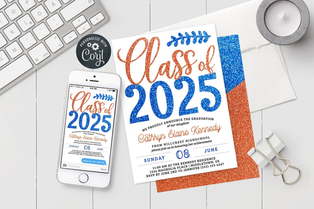 Blue Orange Graduation Invitation: Class 2025 Grad Party, 5x7 4x6 ...
