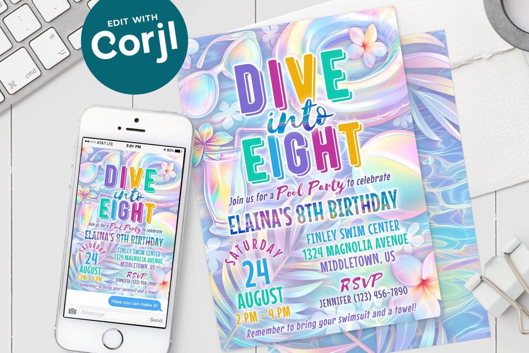 8th Birthday Pool Party Invitation - Dive Into Eight Rainbow Glam Girl ...