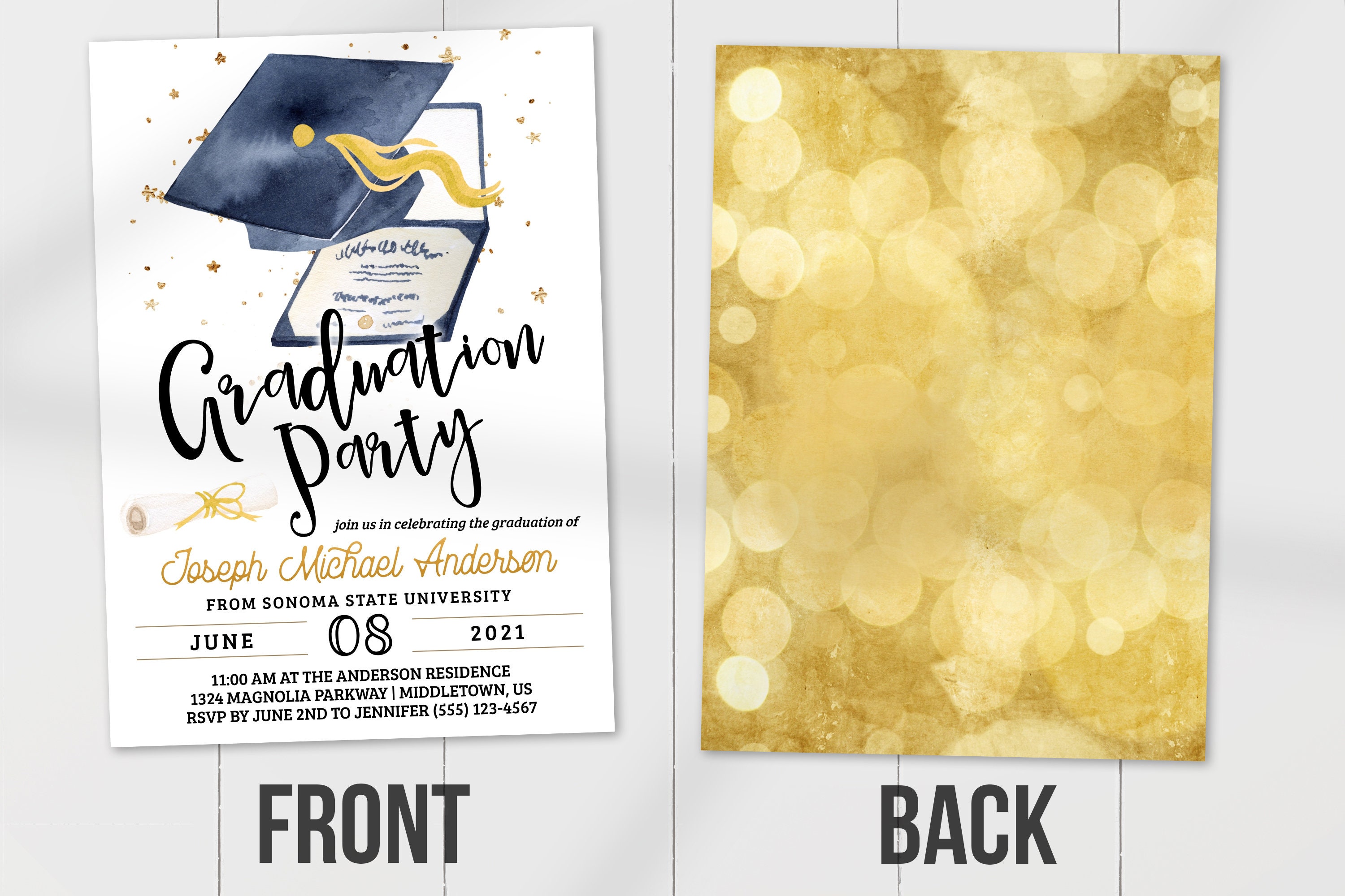 Graduation Party Invitation: Navy Gold Grad Cap, Digital Invite 5x7 4x6 ...