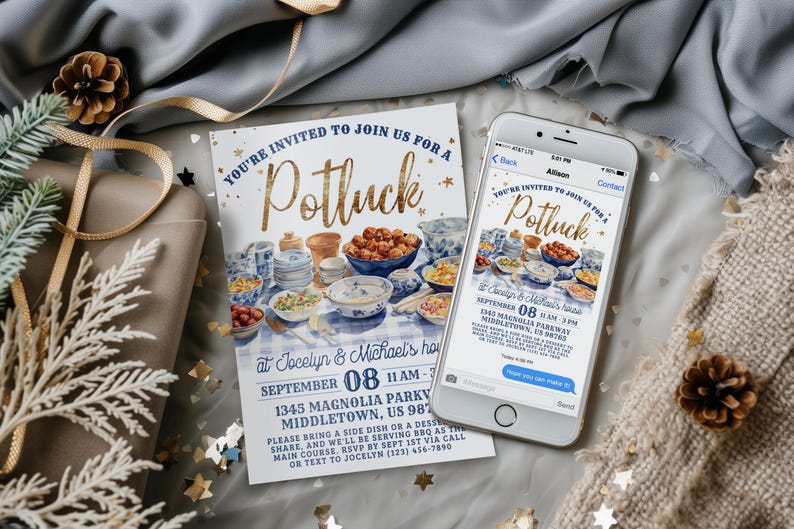 Potluck Invitation: Blue Pot Luck Picnic, Digital 5x7 4x6 Editable ...
