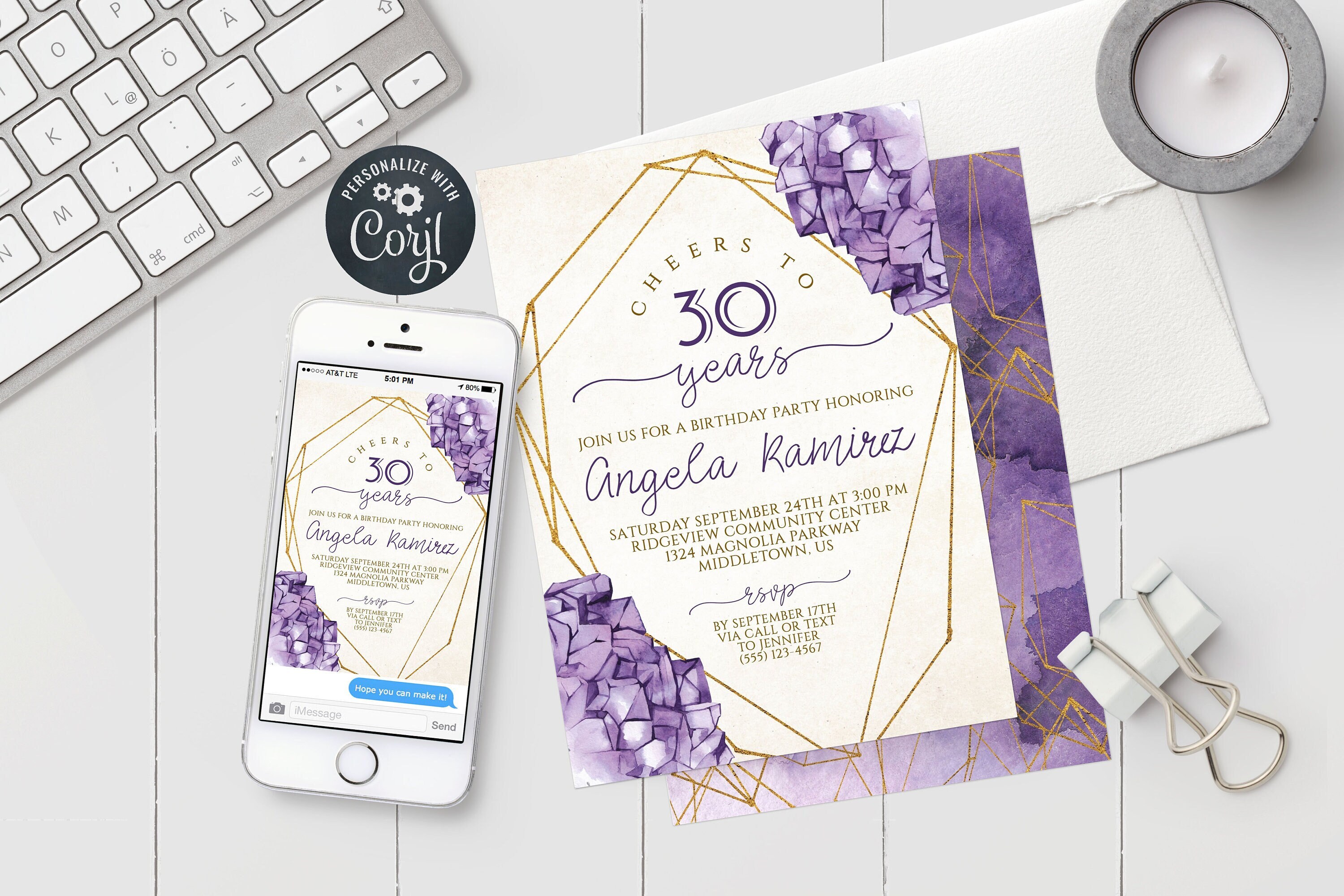 Amethyst Crystal Birthday Invitation, Digital Invite, Printable ...