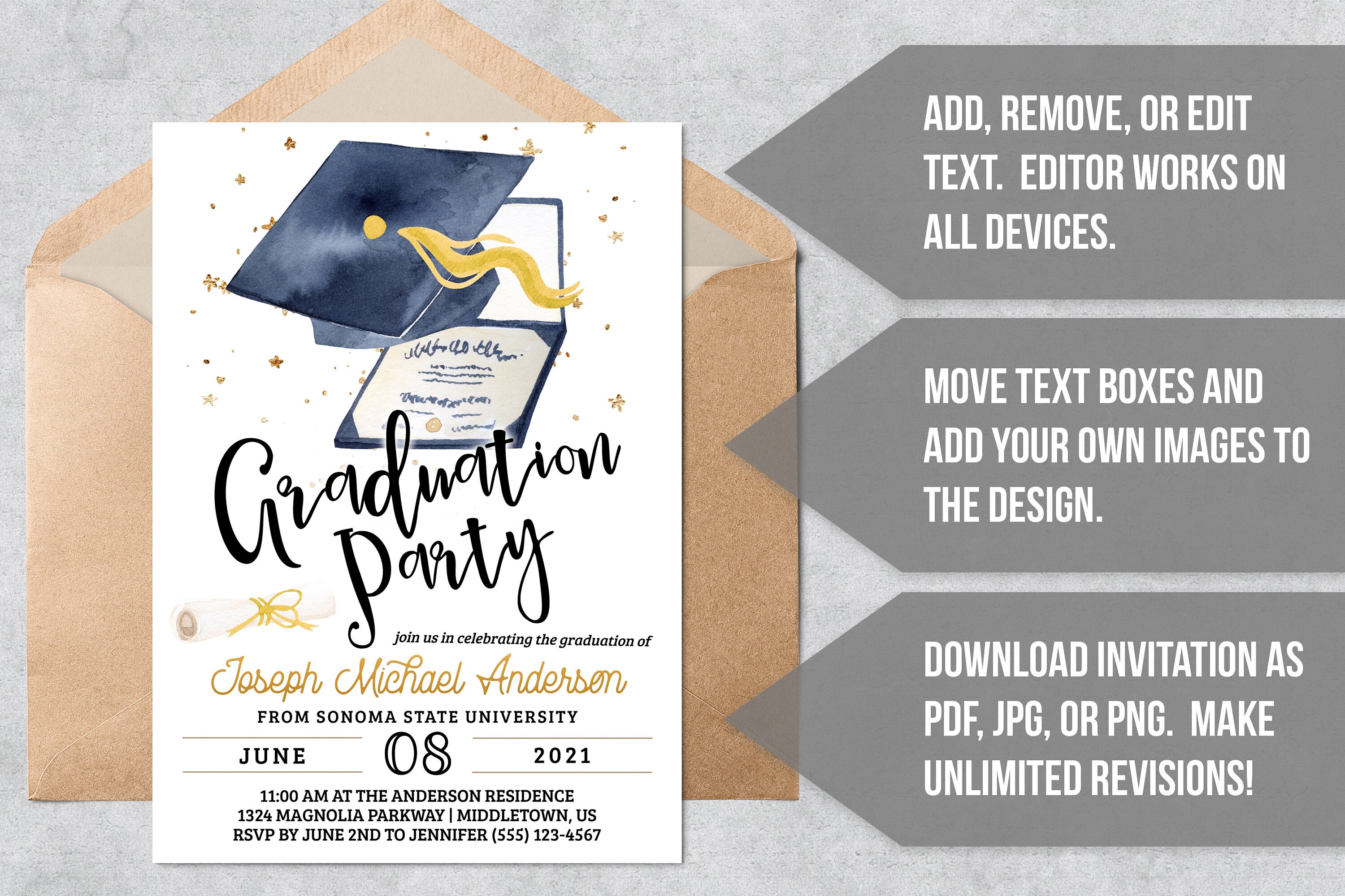 Graduation Party Invitation Navy Gold Grad Cap 5x7 & 4x6 - Etsy
