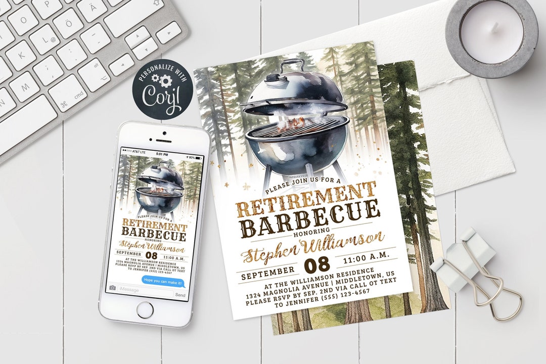 Retirement BBQ Invitation Trees Man Masculine Barbeque Barbecue Digital ...