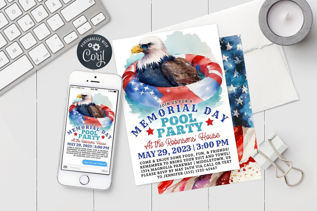 Memorial Day Pool Party Invitation - Patriotic Memorial Day Digital ...