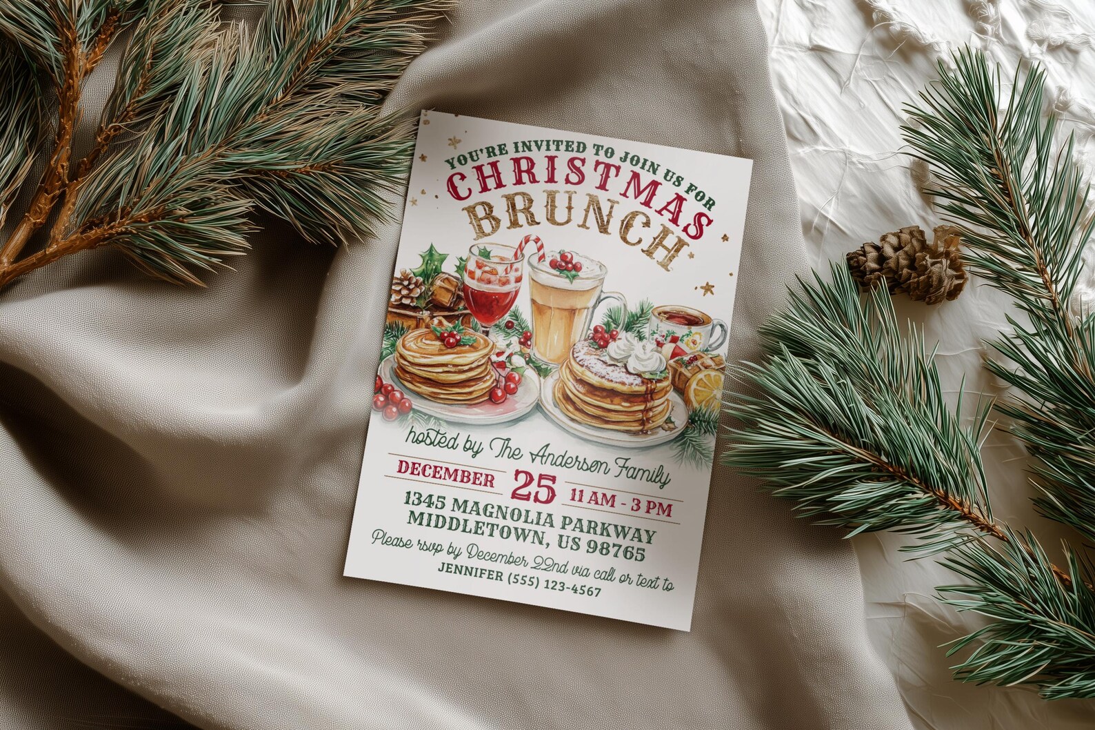Christmas Brunch Invitation: Holiday Pancakes Xmas Day Morning 5x7 4x6 ...
