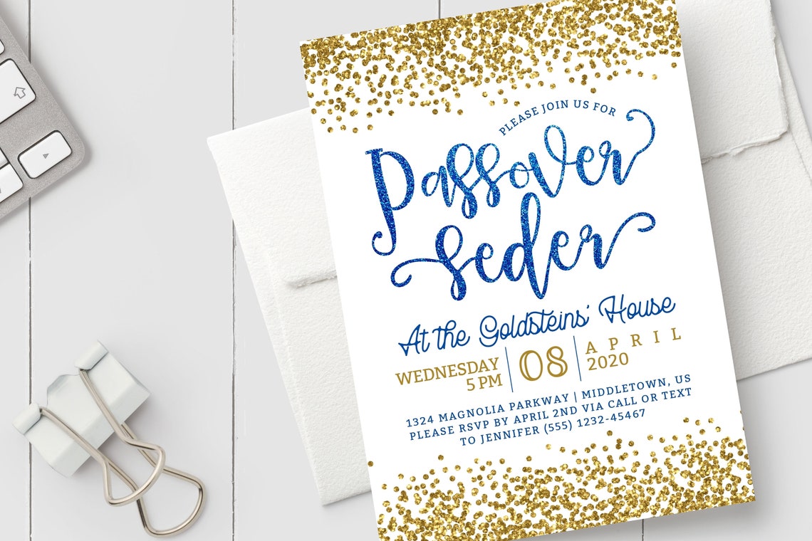 Passover Seder Invitation Blue Gold Passover Invitation - Etsy