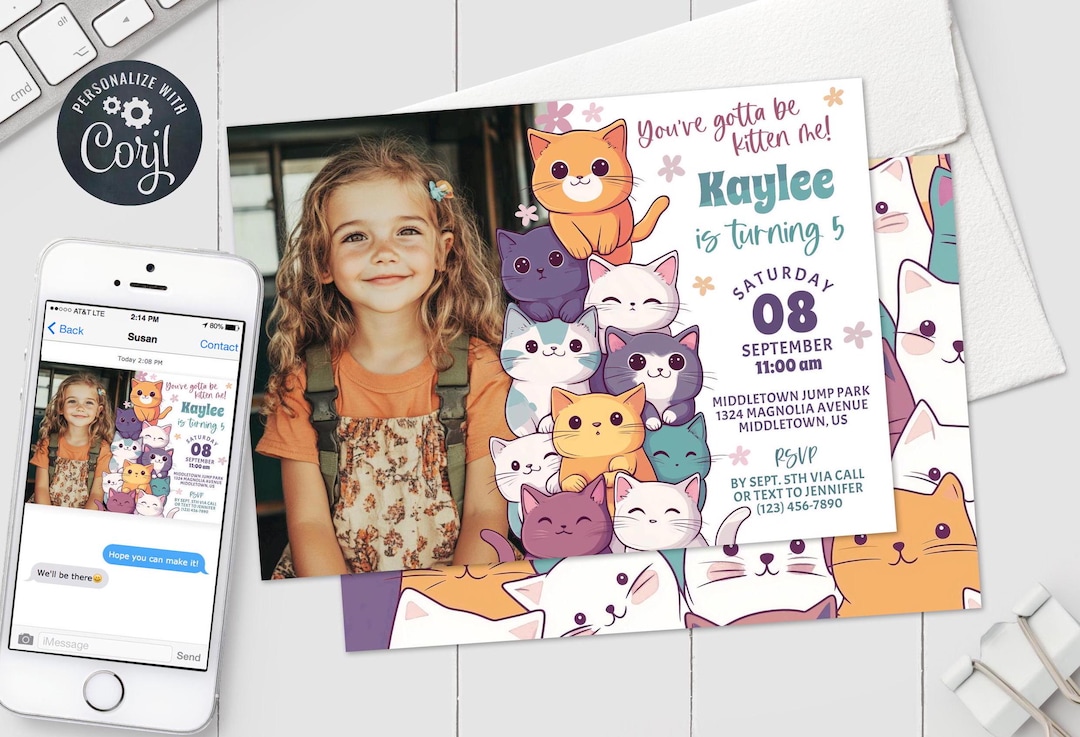 Cute Cats Birthday Photo Invitation - Super Kawaii Kittens Girl 7x5 ...
