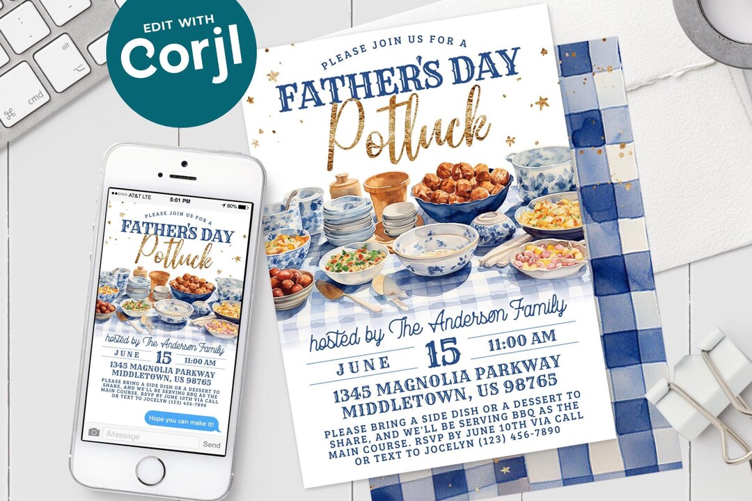Father's Day Potluck Invitation - Blue Gingham Check BBQ Barbecue Pot ...