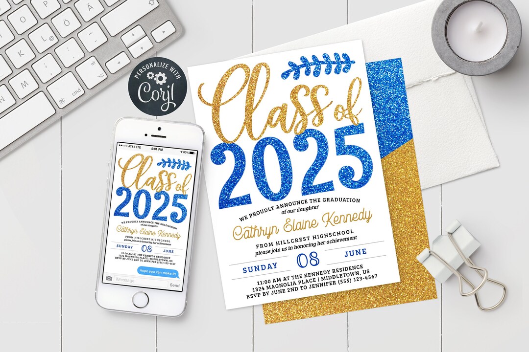 Blue Gold Graduation Invitation - Class of 2025 Graduation Party ...