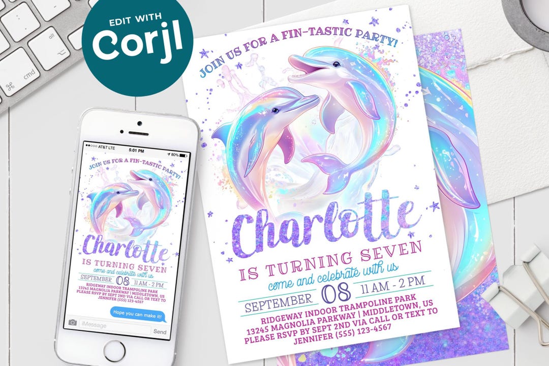 Dolphin Birthday Invitation: Pastel Glitter Dolphins Girl, 5x7 4x6 ...