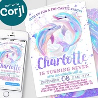 Editable Dolphin Birthday Party Invitation Tie Dye Neon Glow Dolphin ...