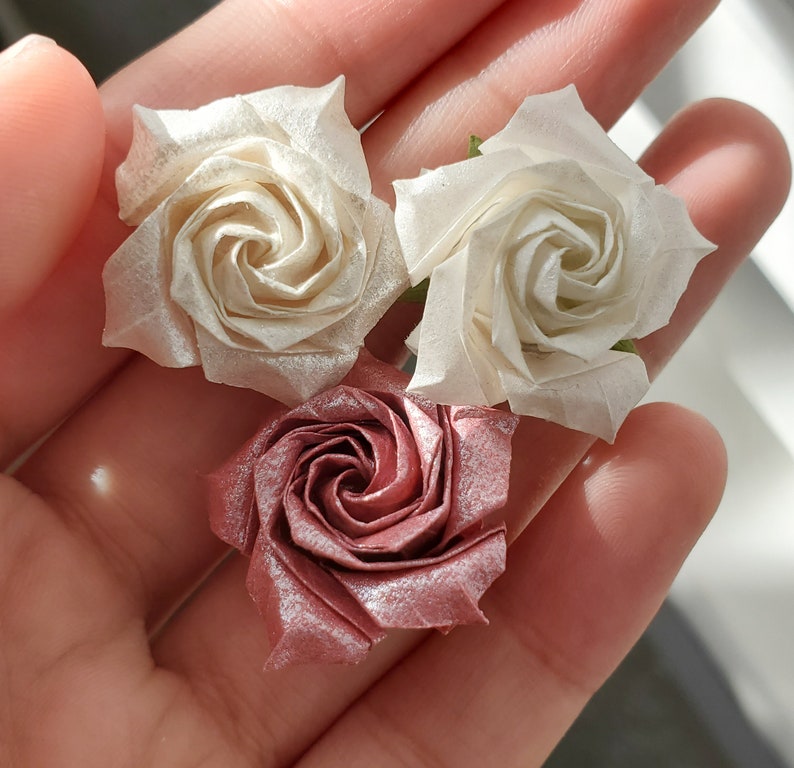 Handmade Mini Origami Rose With Stem and Leaves, Red Black White, Washi ...