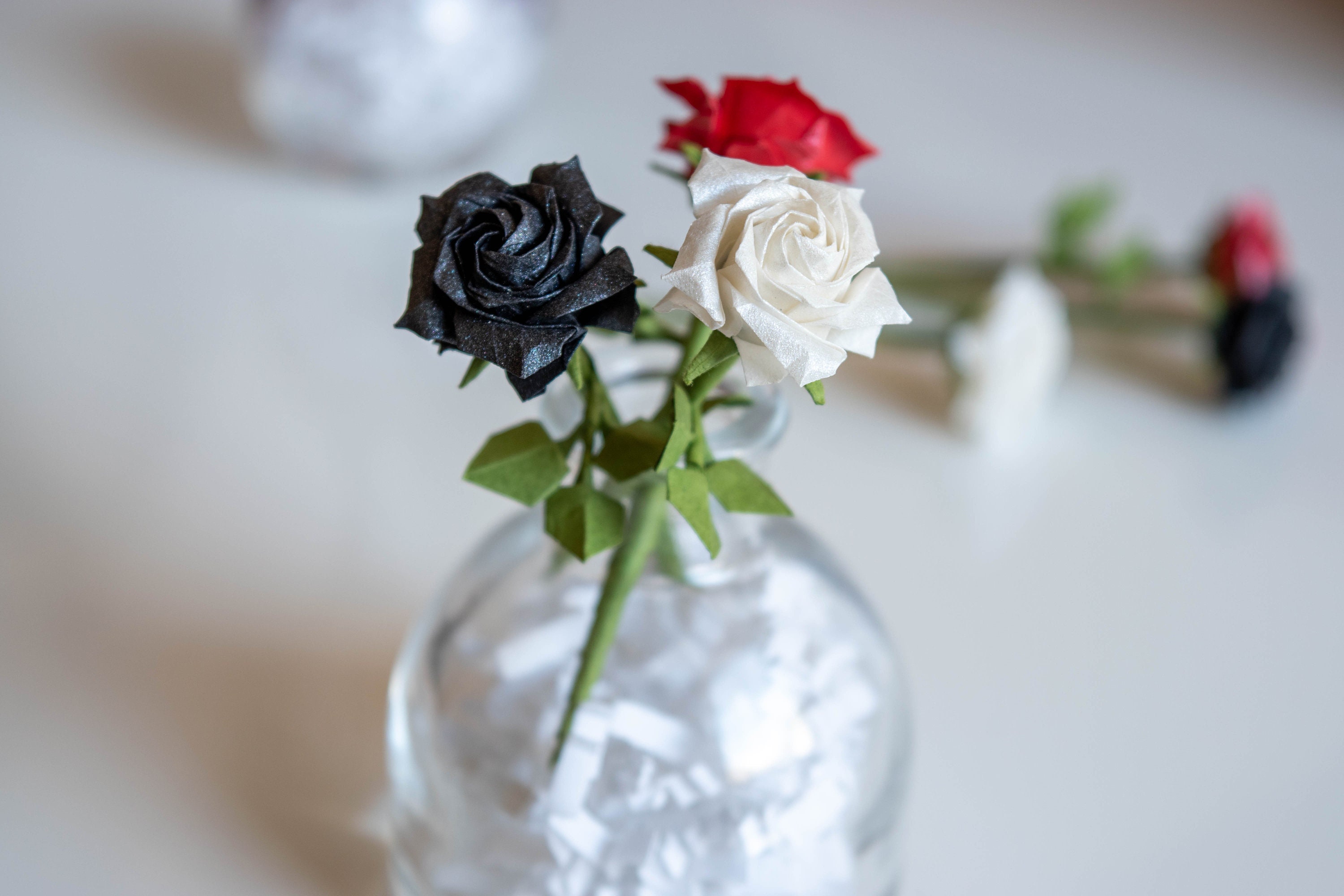 Handmade Mini Origami Rose With Stem and Leaves, Red Black White, Washi ...