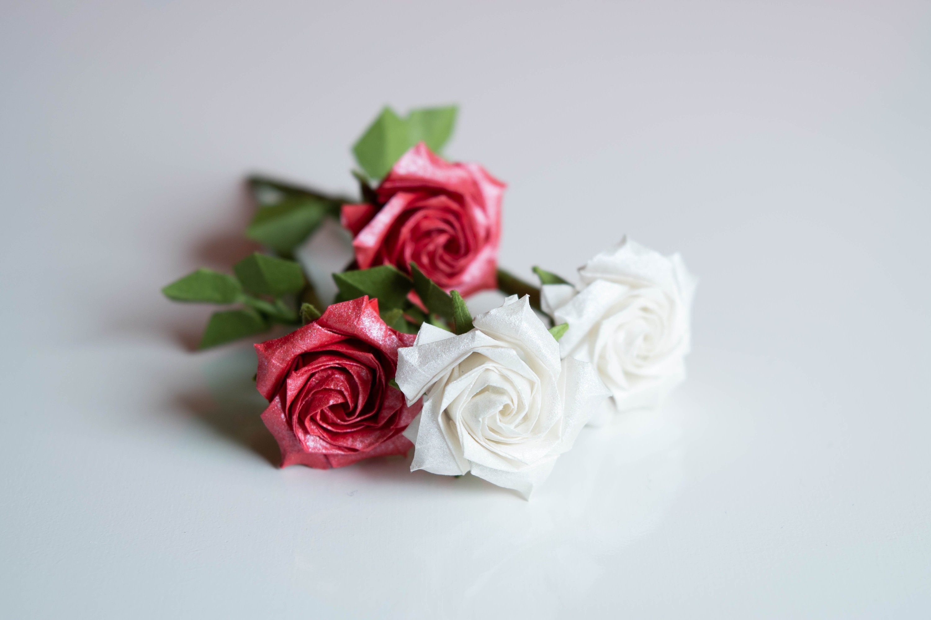 Handmade Mini Origami Rose With Stem and Leaves, Red Black White, Washi ...
