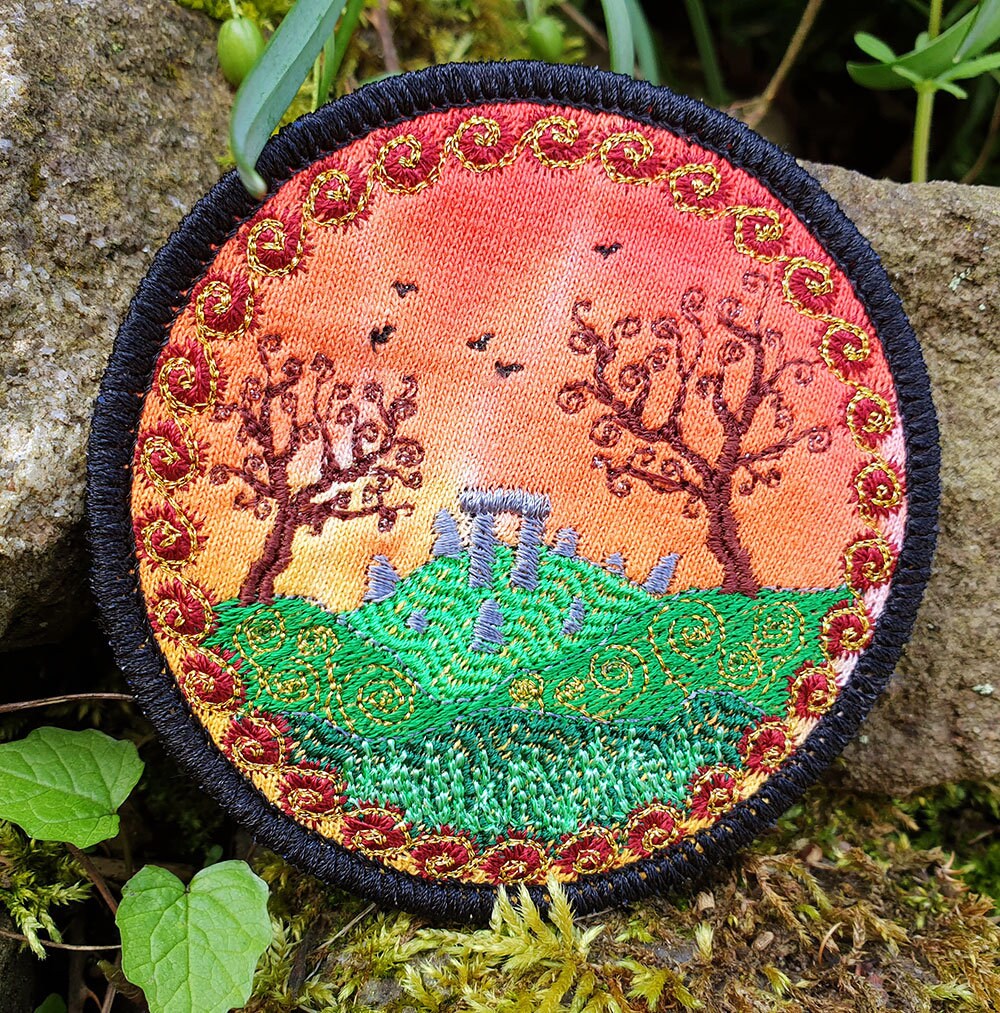 Stone Circle & Trees Round Embroidered Sew/iron-on Patch Sunset Gold or Midnight Silver ...
