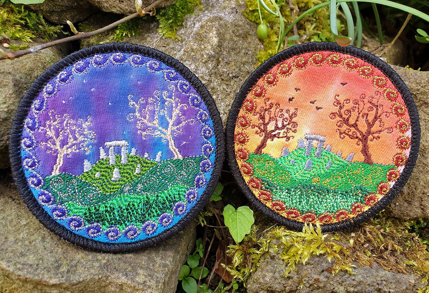 Stone Circle & Trees Round Embroidered Sew/iron-on Patch Sunset Gold or Midnight Silver ...