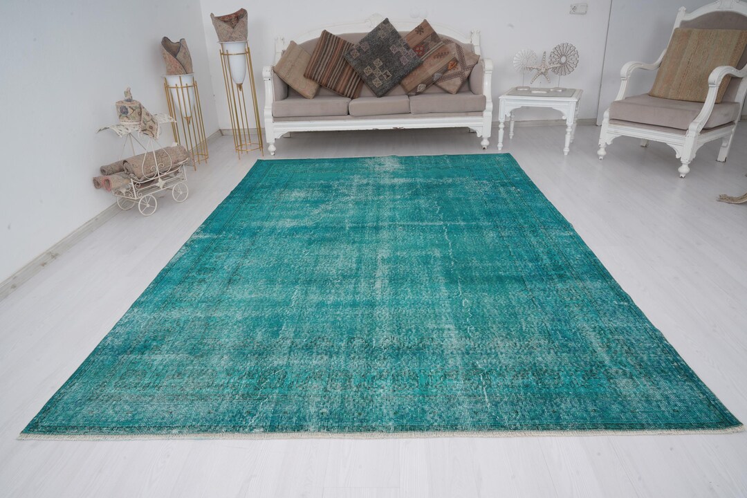 7x10 Light Turquoise, Light Blue Turkish Rug, Overdyed Vintage Handmade ...