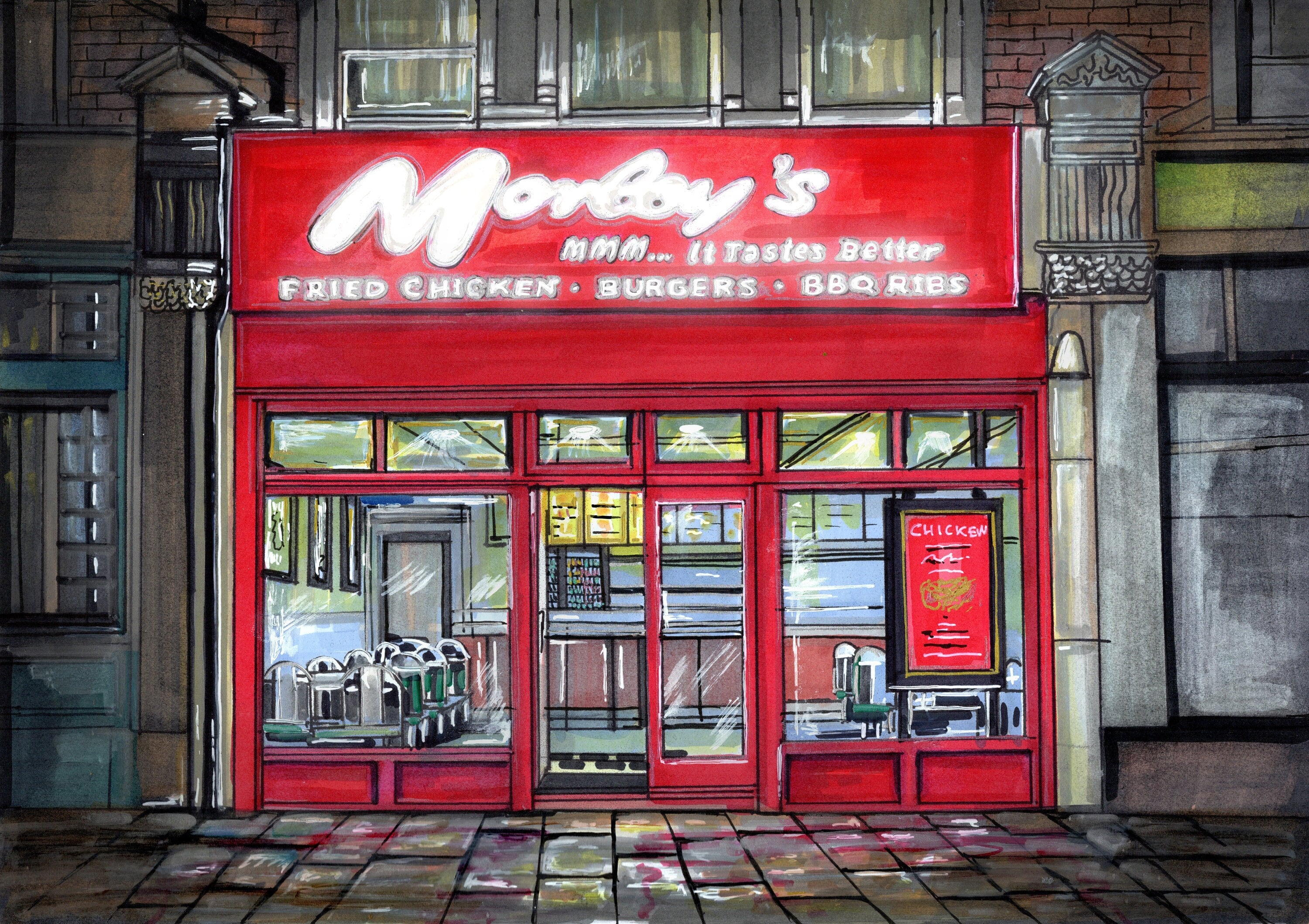Illustration of a Morley's Chicken Shop, London - Etsy UK