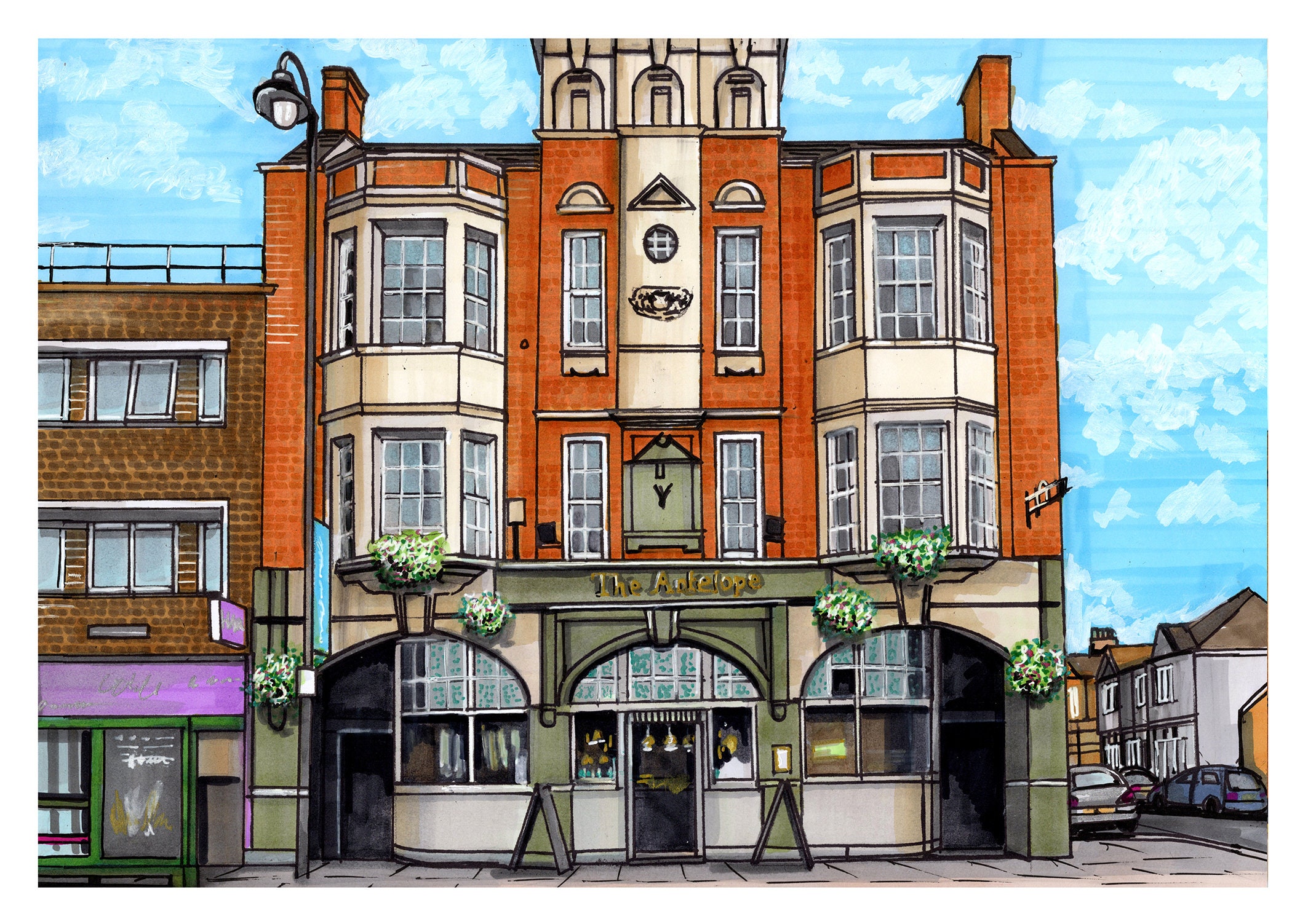 Illustration Print of the Antelope Pub, Tooting Broadway, South London ...