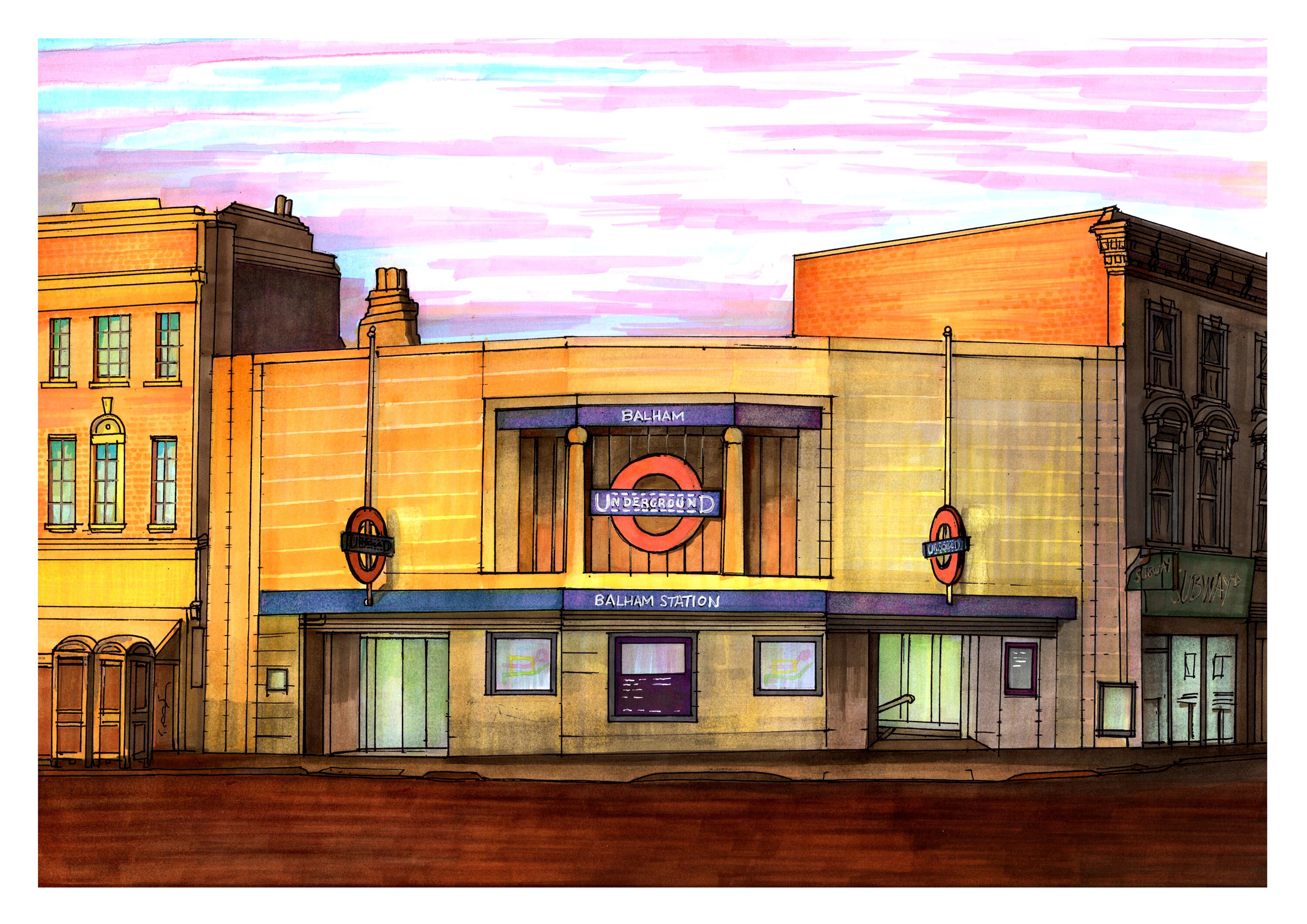 Illustration Print of Balham Underground Station at Sunset, Northern ...