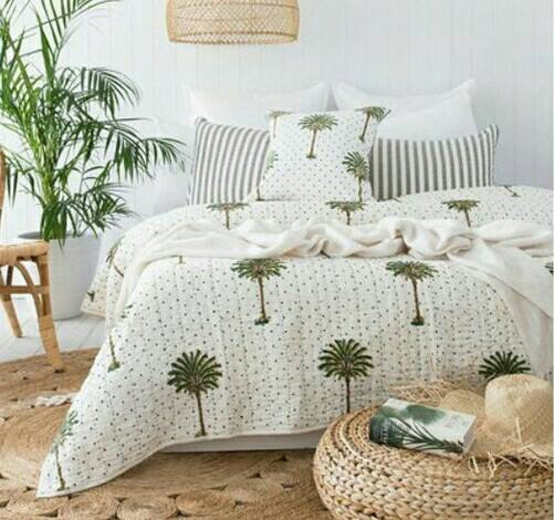 Palm Tree Print Kantha,beautiful Indian Handblock Quilt, Decorative ...
