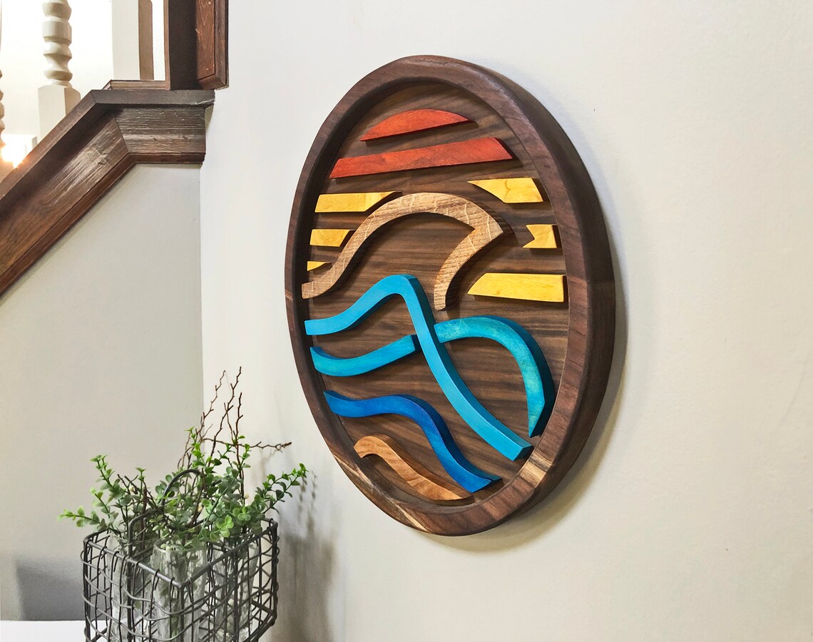 Wood Ocean Wave Art Wall Sign, Rustic Beach Sunrise Scenery Wall ...