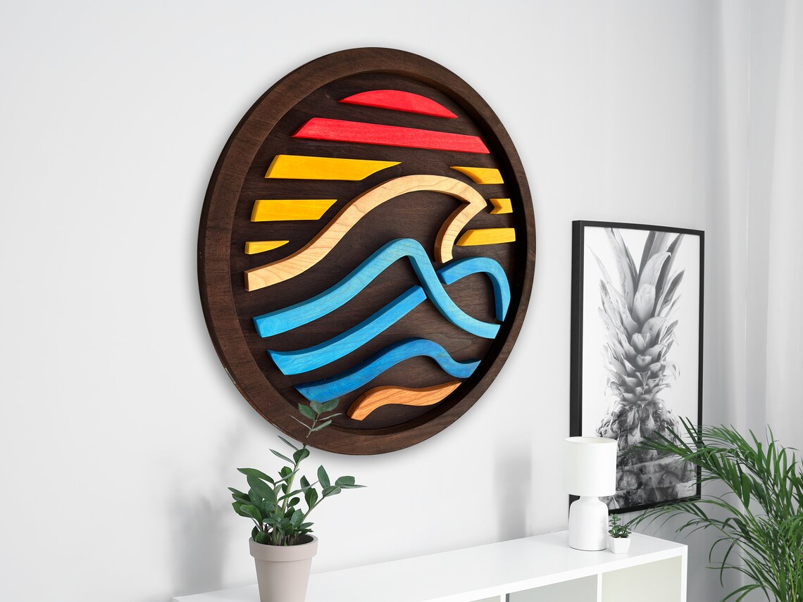 Wood Ocean Wave Art Wall Sign, Rustic Beach Sunrise Scenery Wall ...