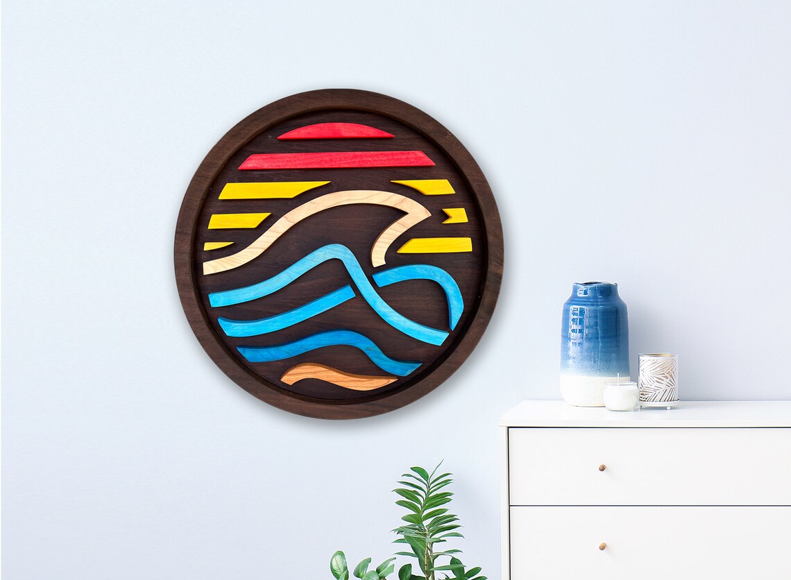 Wood Ocean Wave Art Wall Sign, Rustic Beach Sunrise Scenery Wall ...