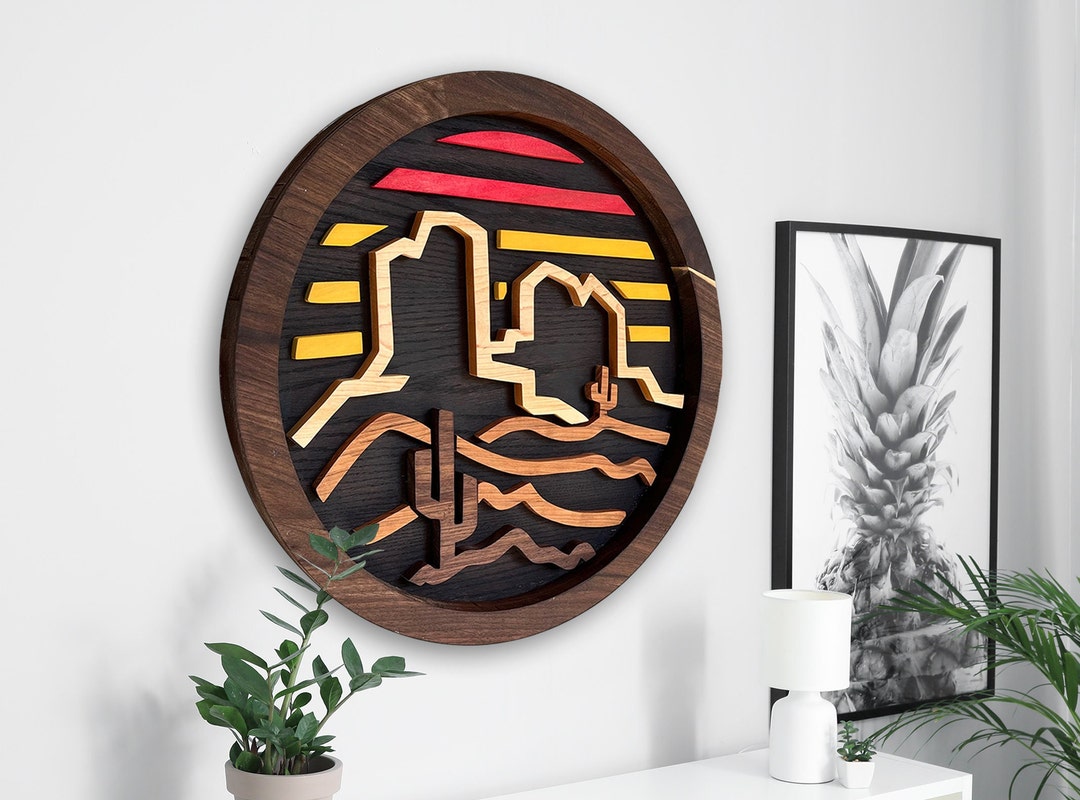 Wood Desert Sun Art Wall Sign, Round Rustic Desert Cactus Artwork ...