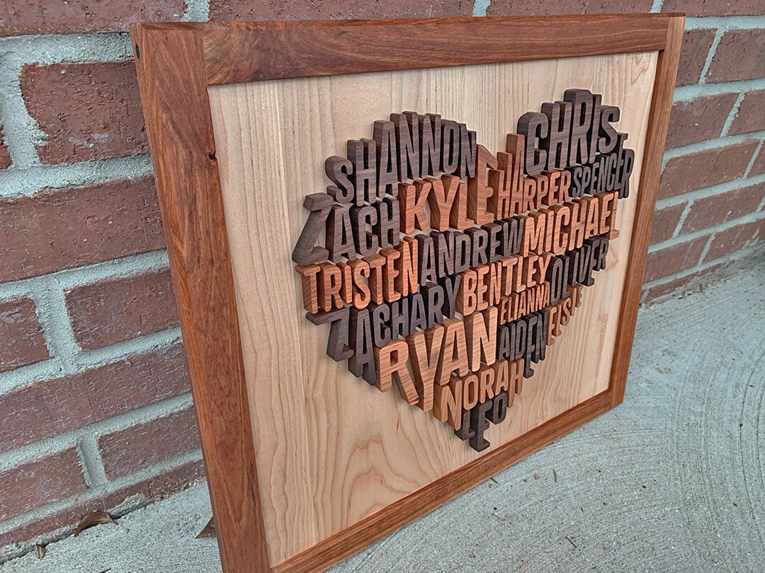 Handmade Customizable Wood Family Names Heart Wall Art, Custom Family ...