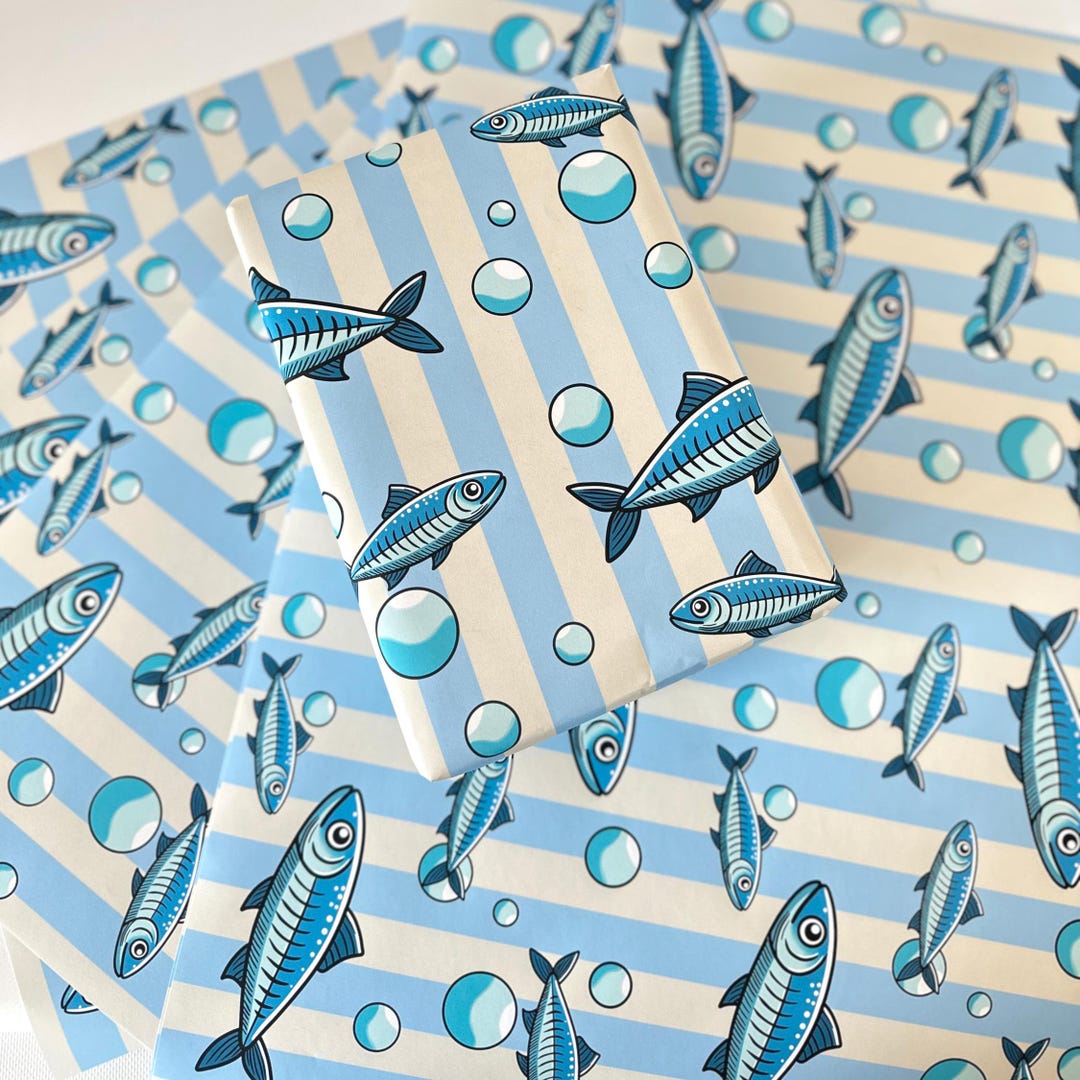 Sardines Gift Wrapping Sheet Fish Blue Striped Wrapping Paper Hand ...