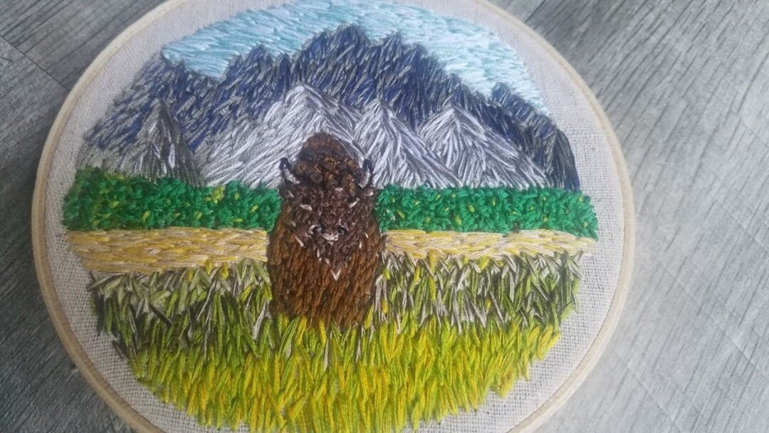 Bison in the Meadow -thread Painting - Embroidery Hoop Art - National ...