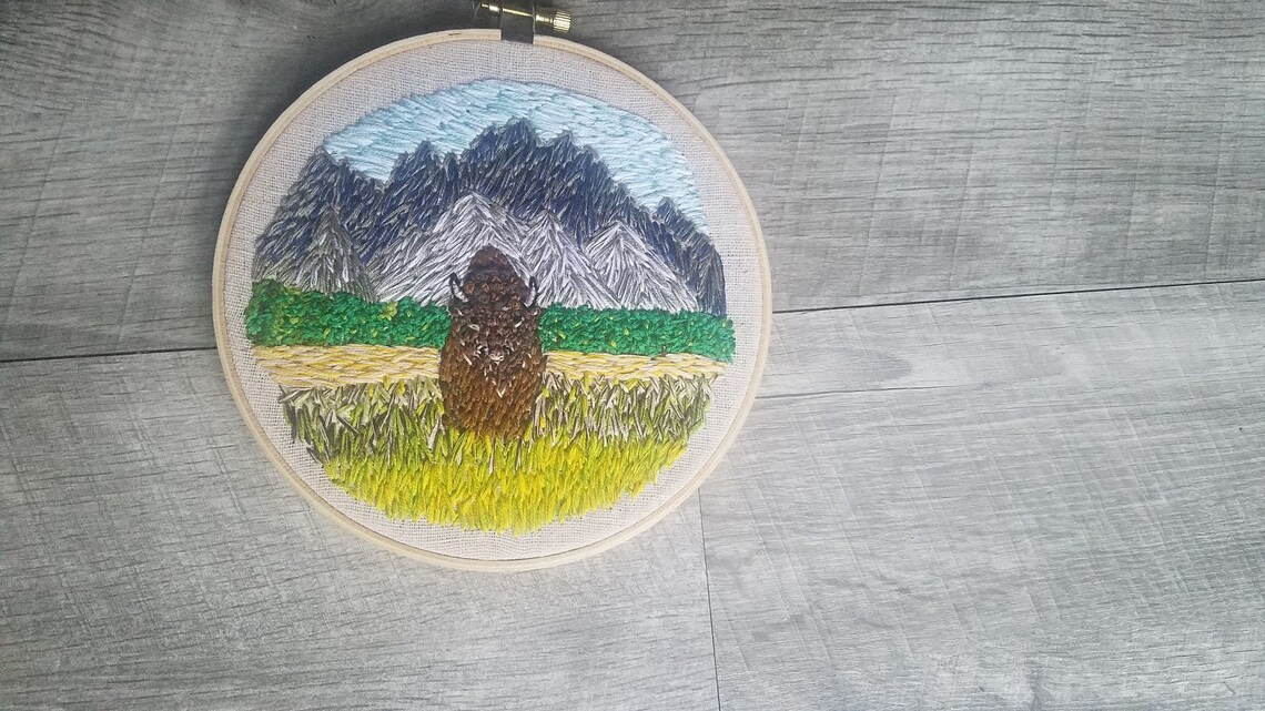 Bison in the Meadow -thread Painting - Embroidery Hoop Art - National ...
