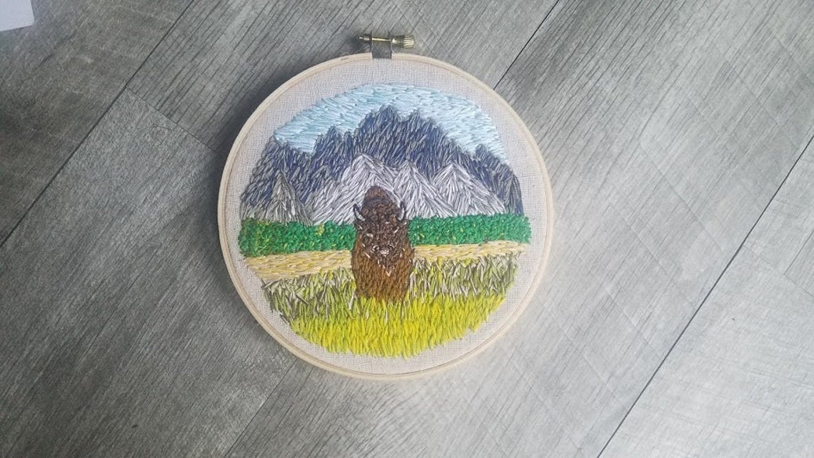 Bison in the Meadow -thread Painting - Embroidery Hoop Art - National ...