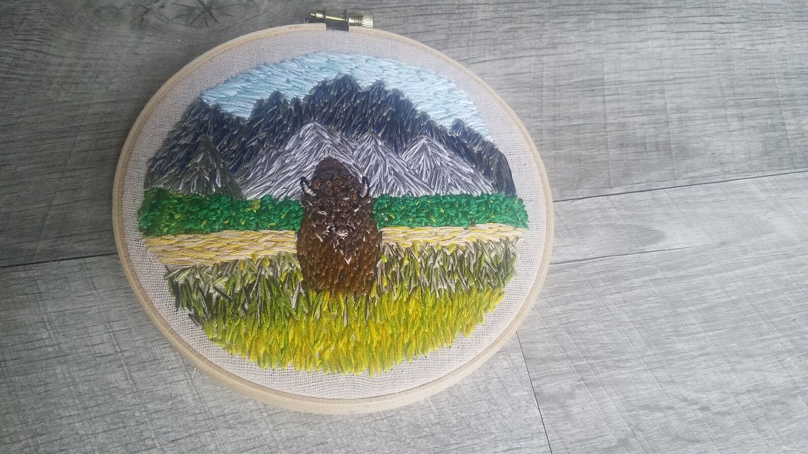 Bison in the Meadow -thread Painting - Embroidery Hoop Art - National ...