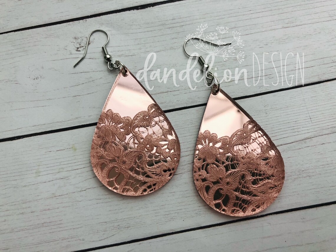Lace Engraved Rose Gold Mirror Acrylic Earrings Laser Cut - Etsy
