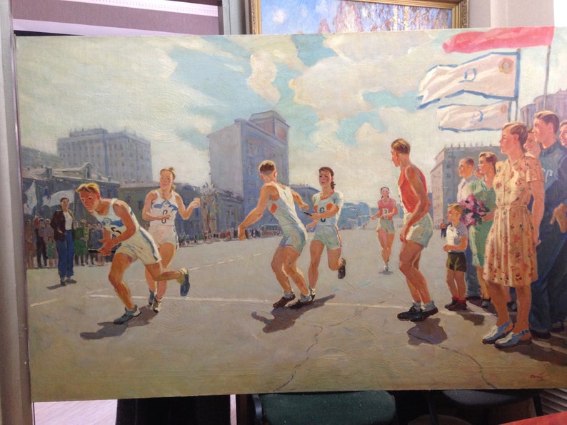 Soviet Original Painting "relay Over the Ring" of the 1950s, Canvas Oil ...