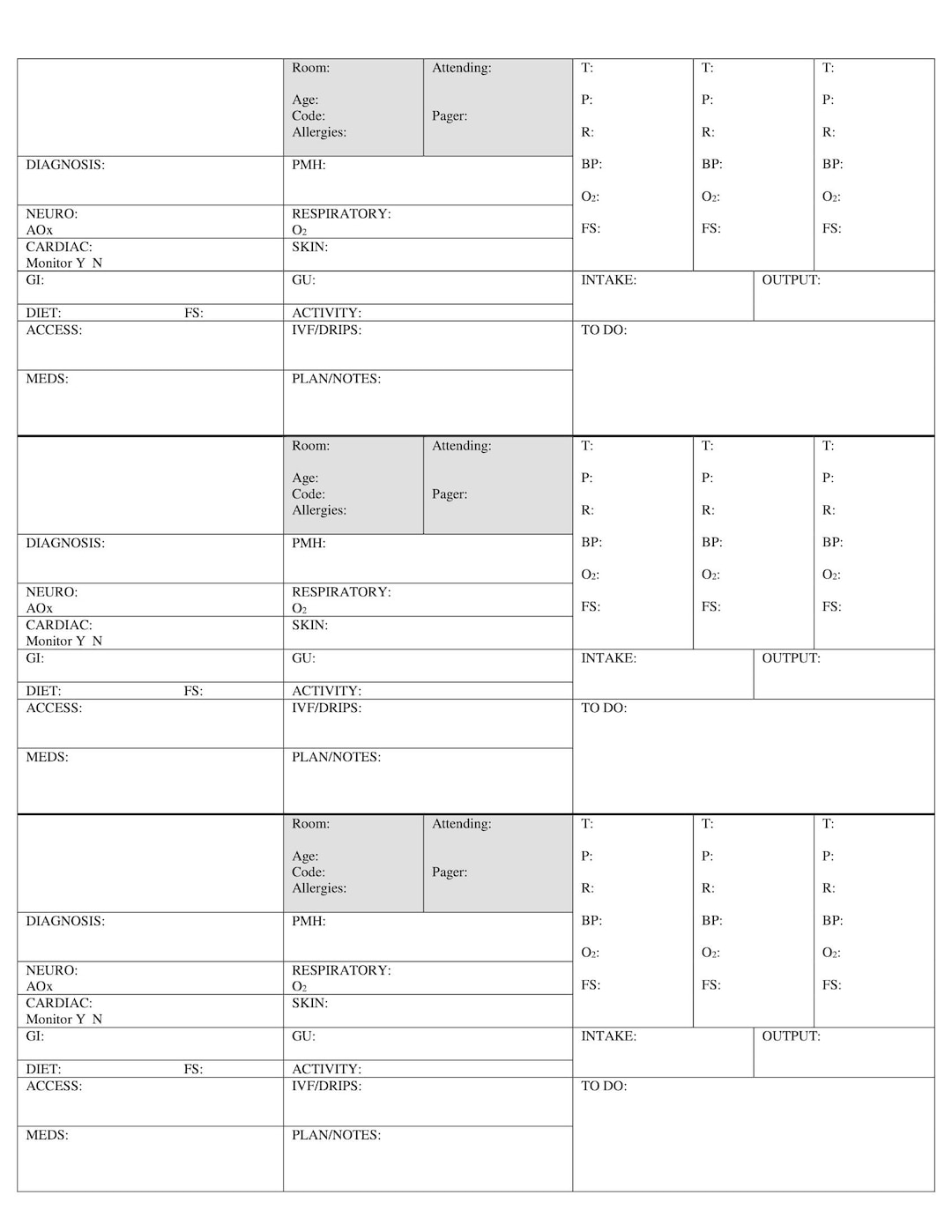 Nurse Report Sheet - 3 Patients per Side - Med Surg Report Sheet ...