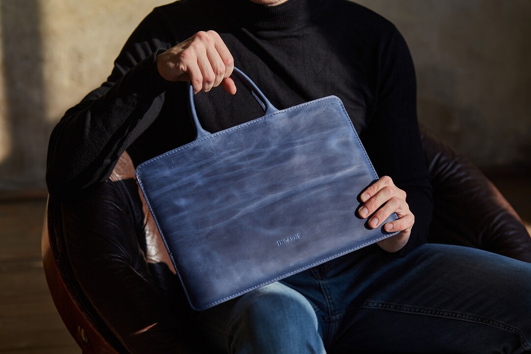 Blue Leather Laptop Bag 15 in Custom Engraving Case Mac Pro Bag MacBook ...